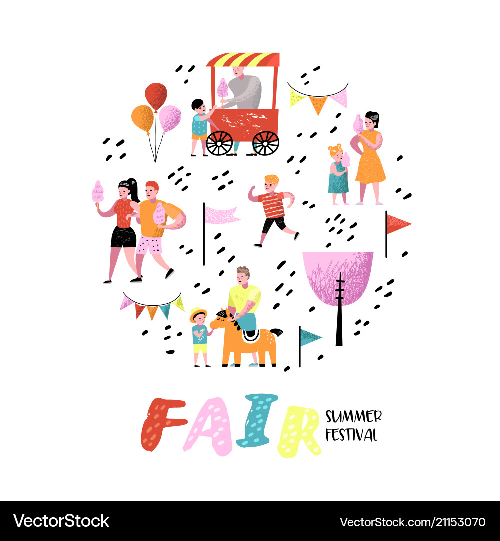 Summer fun fair amusement park characters people Vector Image