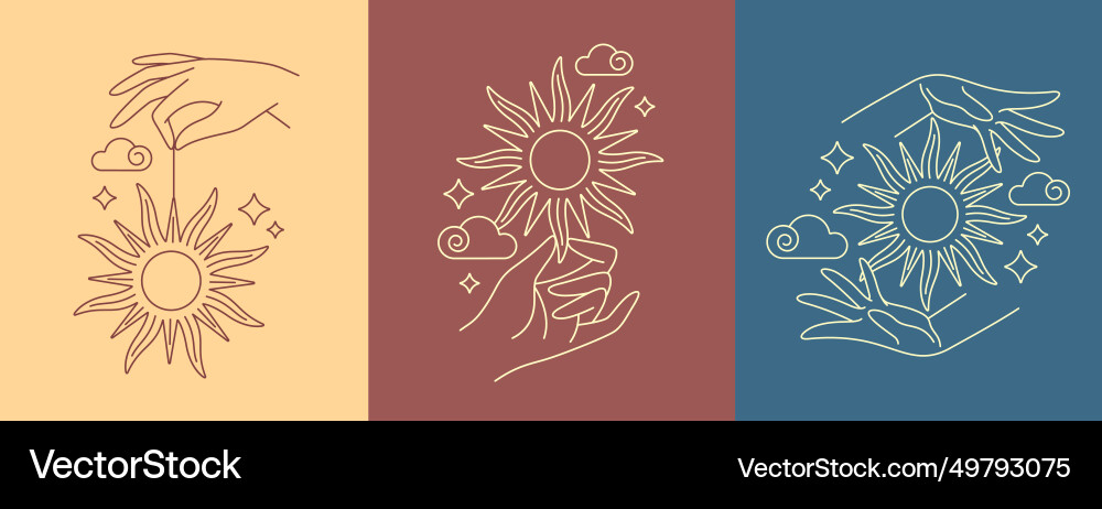 Hand and sun line art design collection Royalty Free Vector