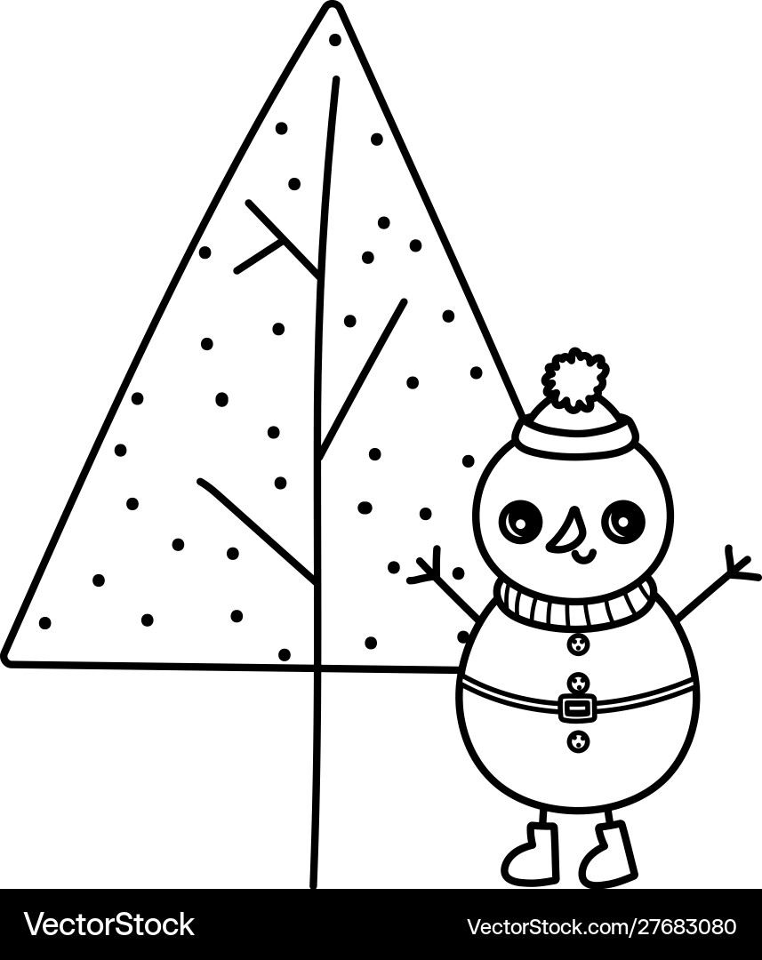 Snowman with hat trees snow merry christmas thick Vector Image