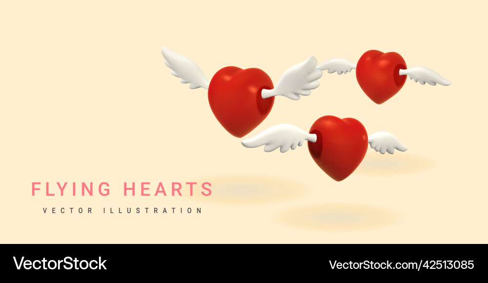 3d flying red hearts with wings on light Vector Image
