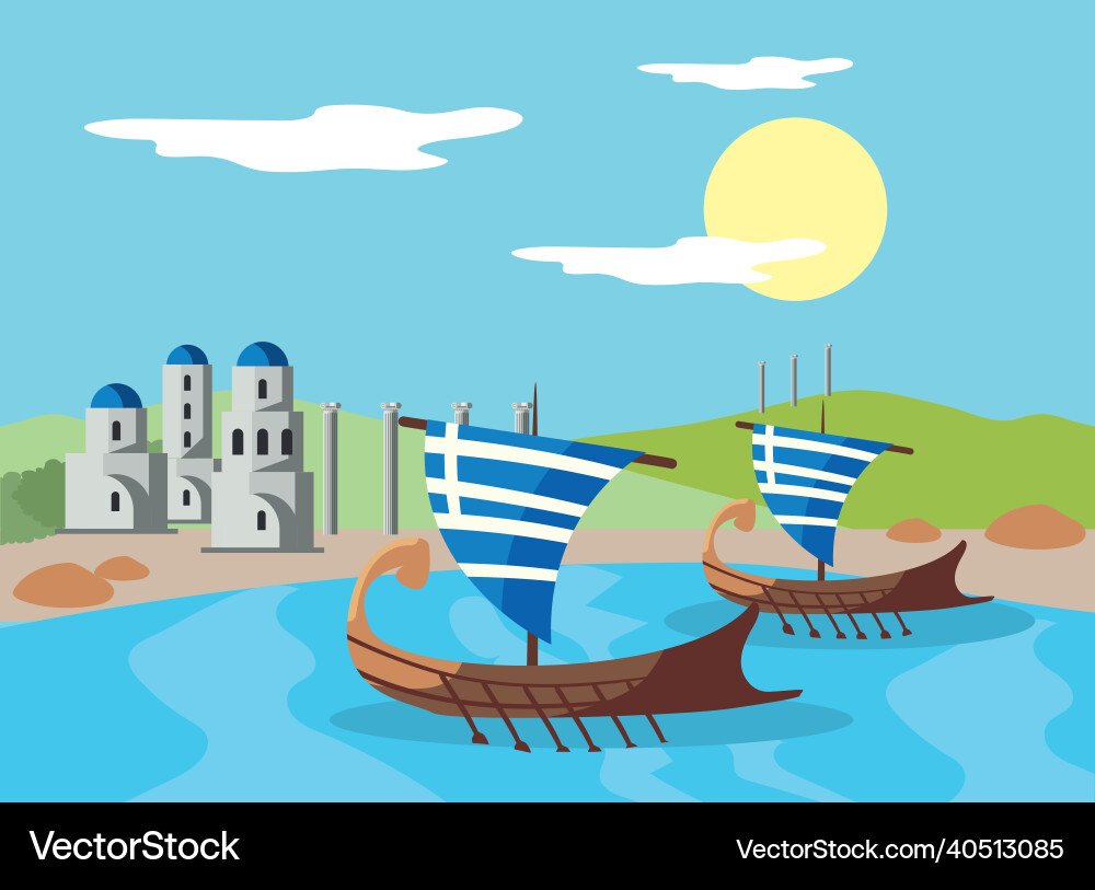 Greek boats on river Royalty Free Vector Image