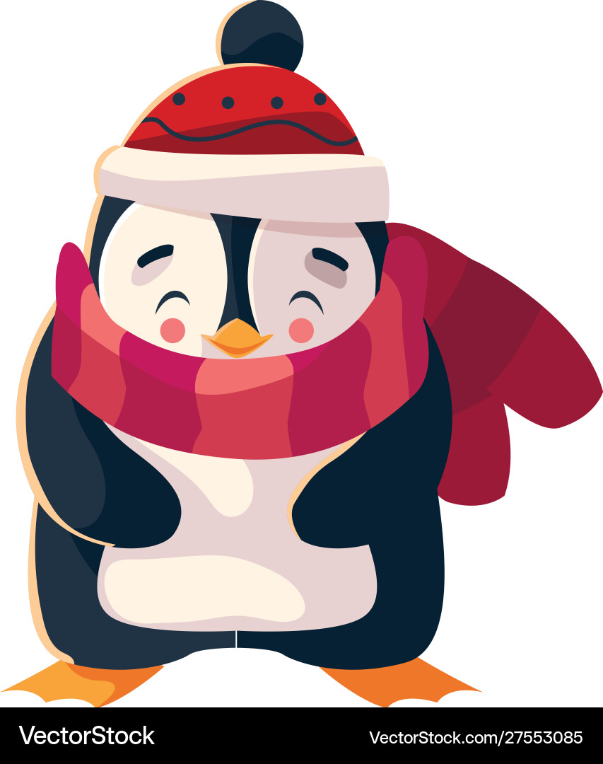 Penguin with hat and scarf in white background Vector Image