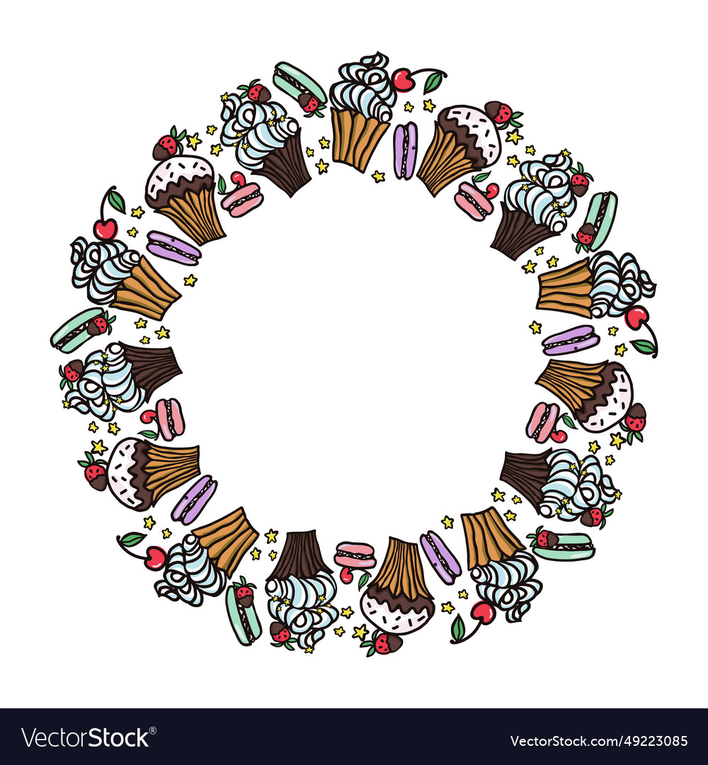 Sweet cake circle frame with desserts macaroon Vector Image