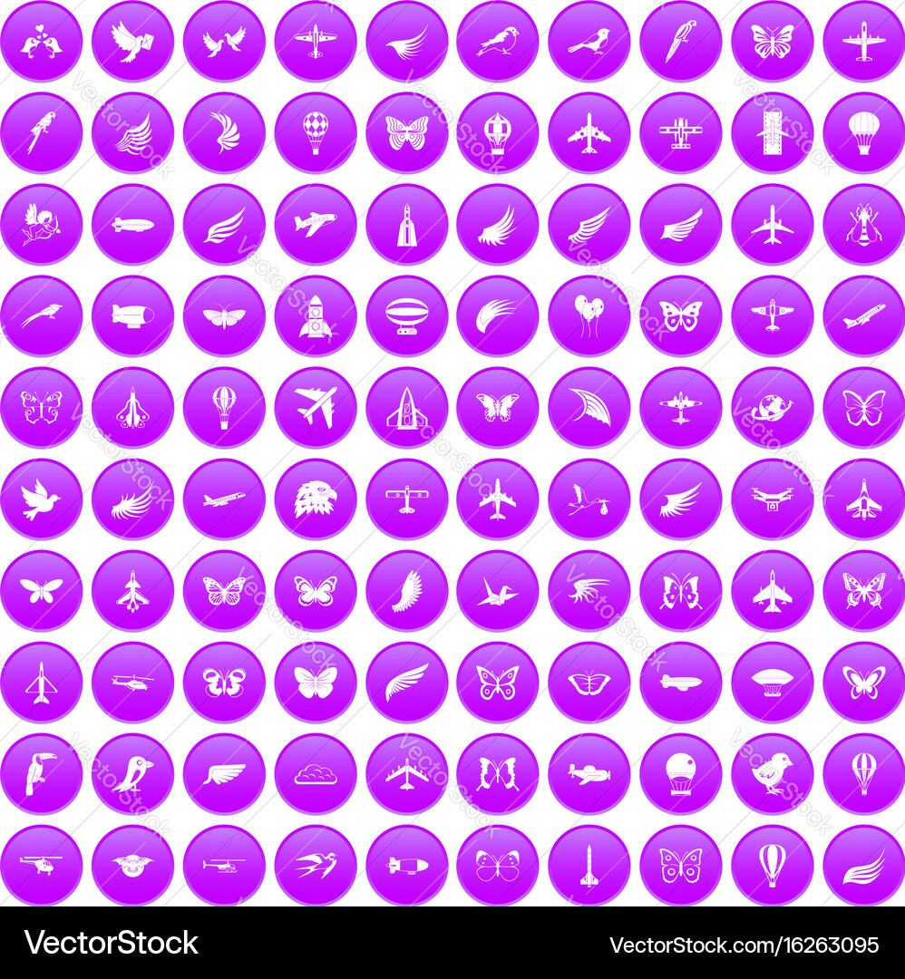 100 fly icons set purple Royalty Free Vector Image