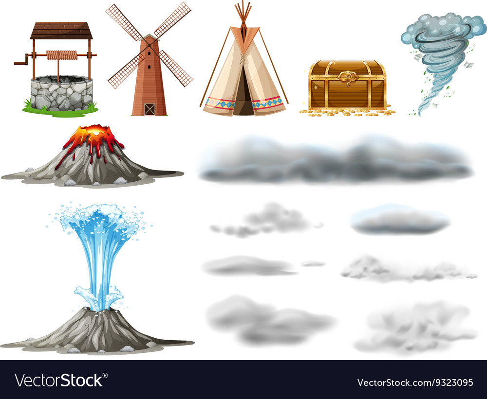 Different types objects and clouds Royalty Free Vector Image