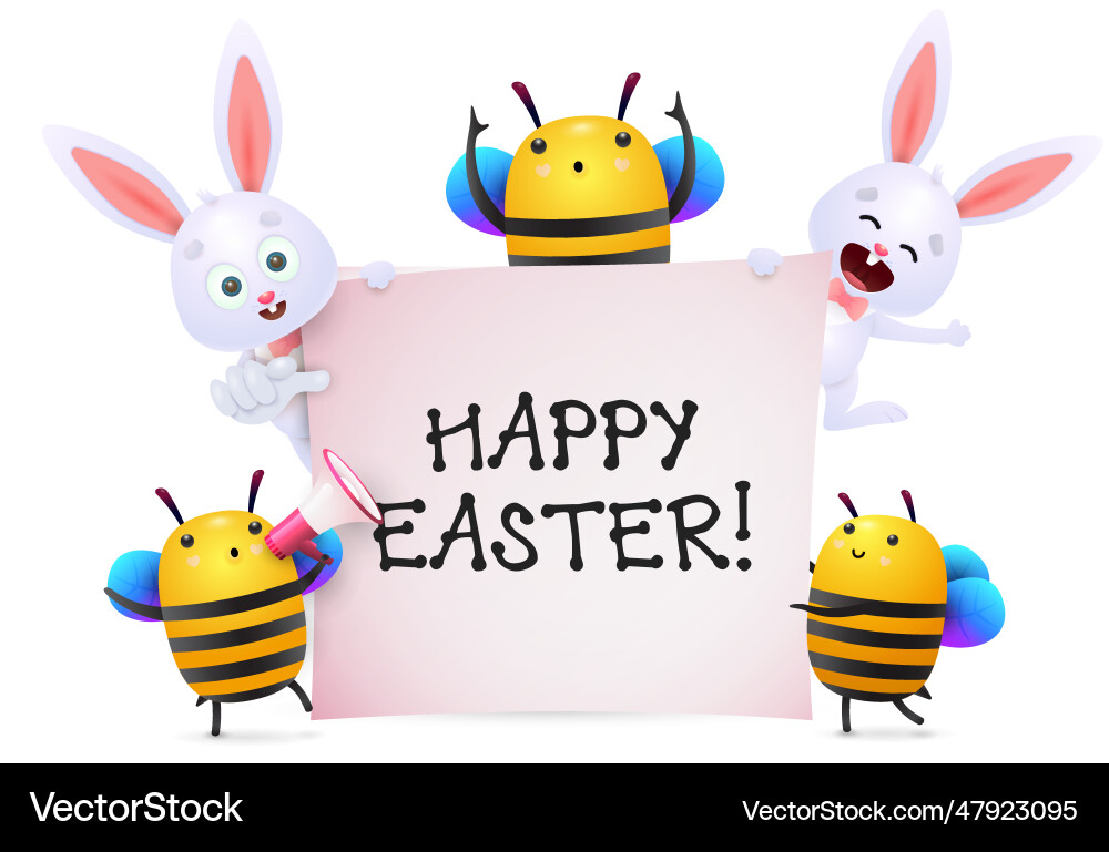 Happy easter lettering with cute bees and rabbits Vector Image