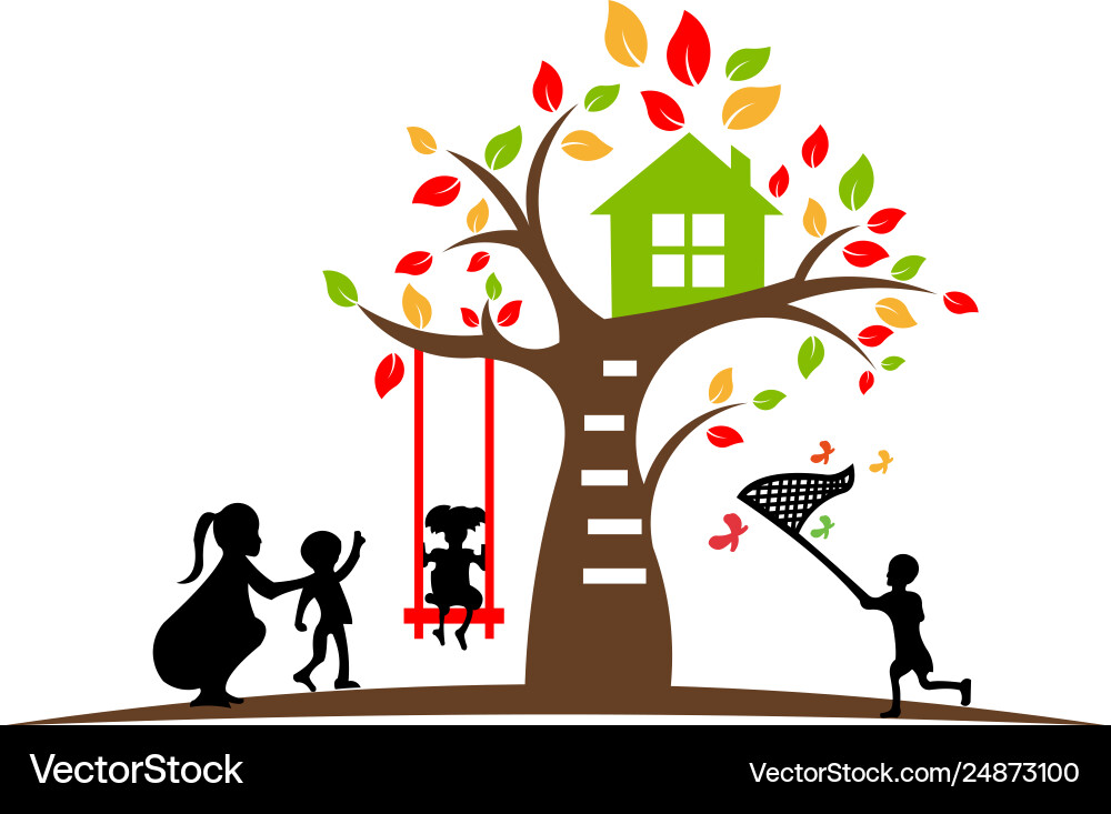 Children and mothers play under tree Royalty Free Vector