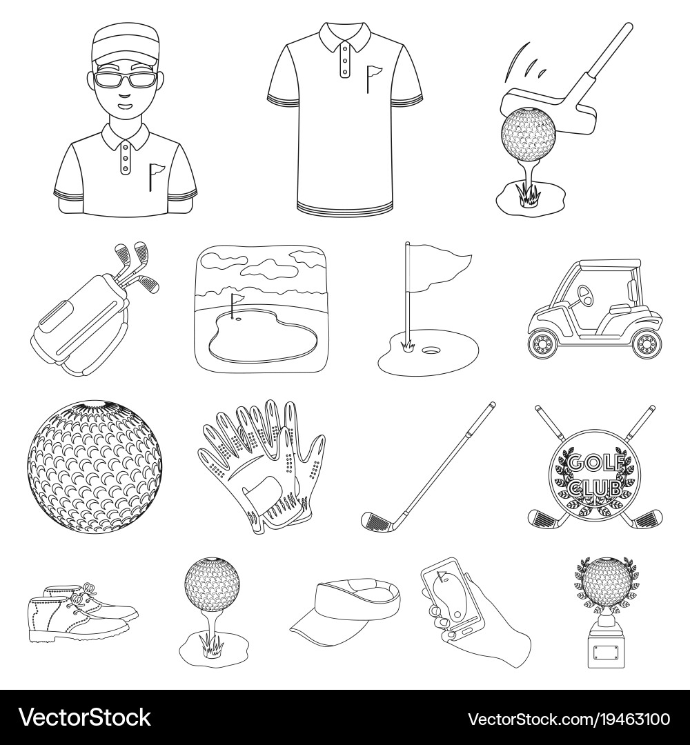 Golf and attributes outline icons in set Vector Image