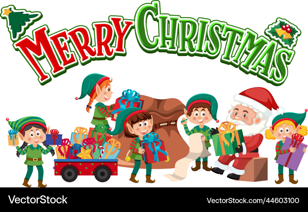 Merry christmas text with elves making christmas Vector Image
