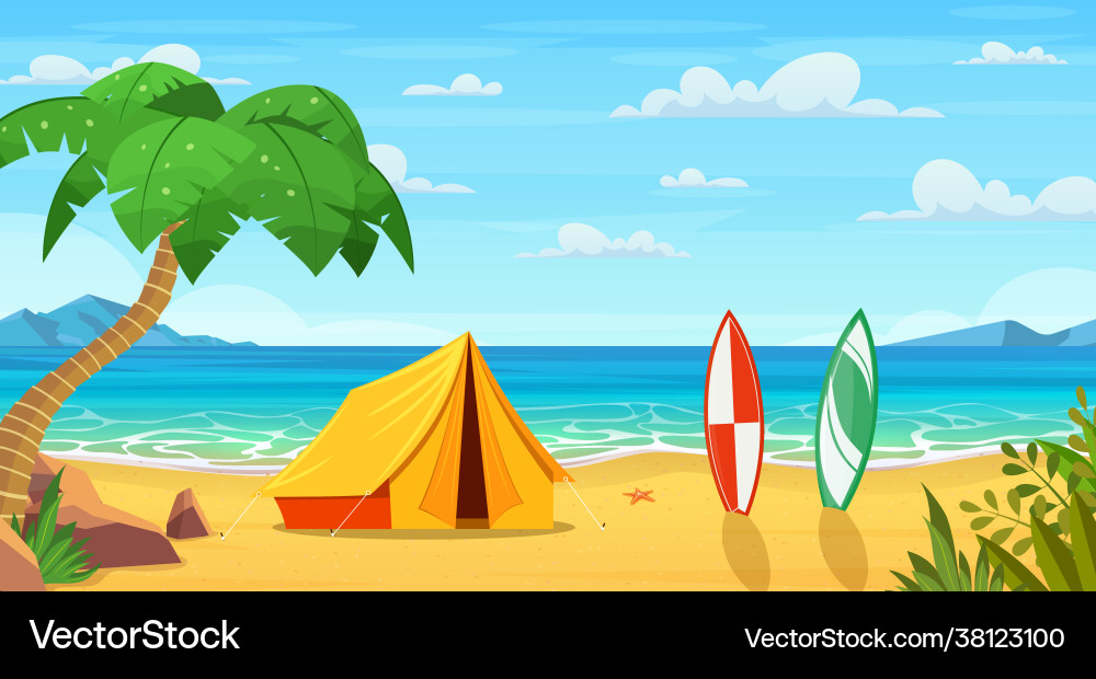 Summertime on beach palms and plants around Vector Image
