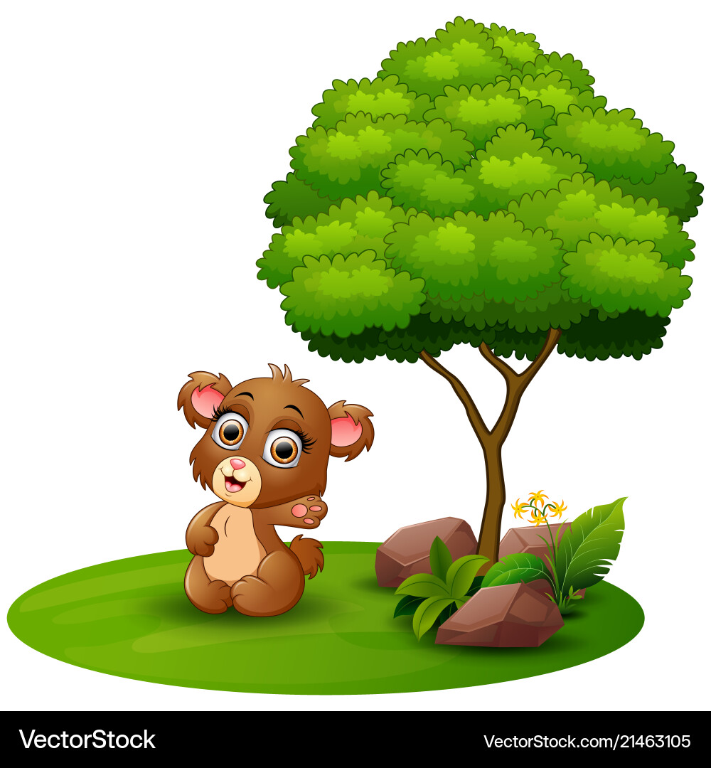 Cartoon bear waving hand under a tree on a white b