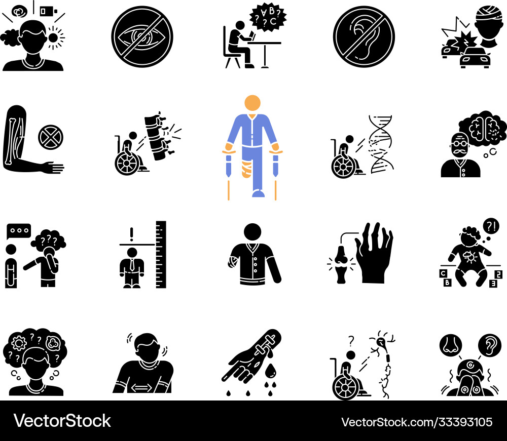 Disability types black glyph icons set on white Vector Image