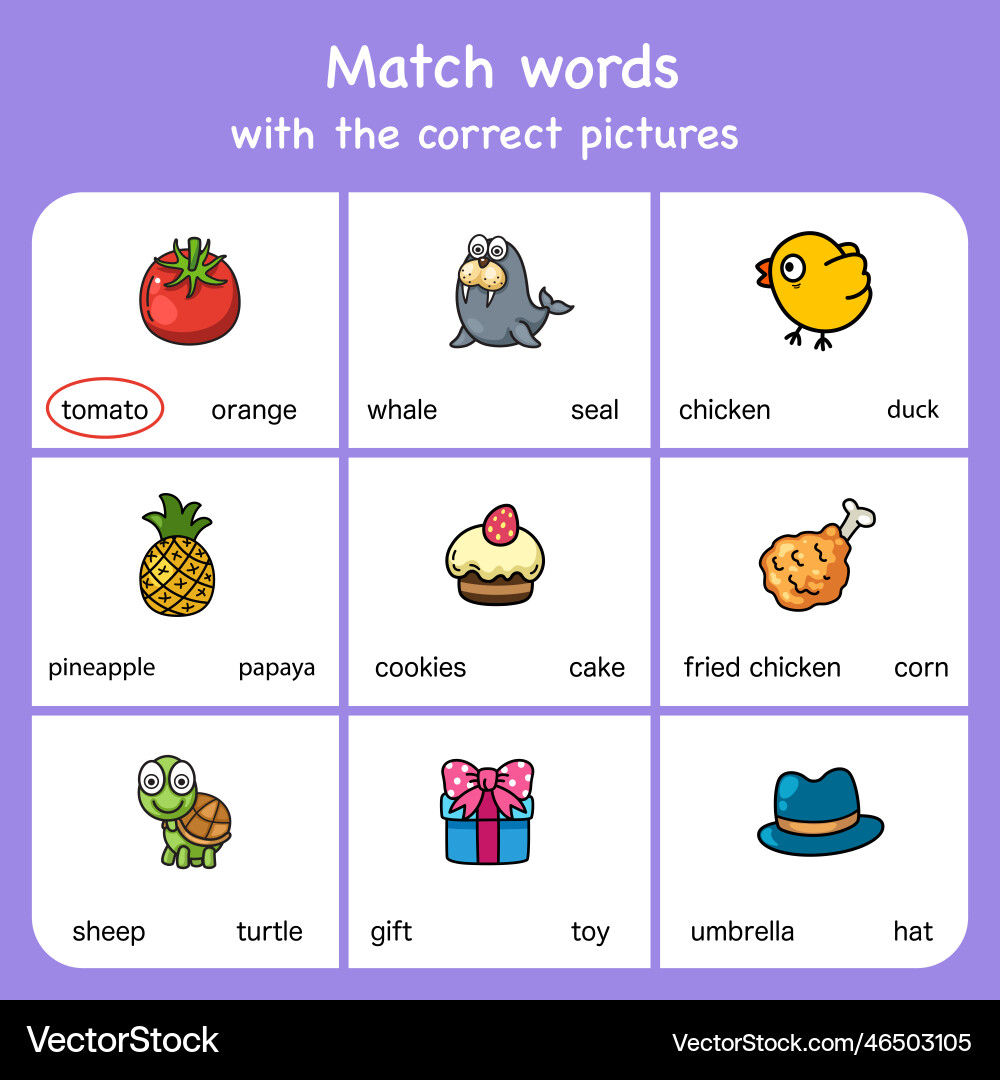 Match words with pictures educational worksheet Vector Image