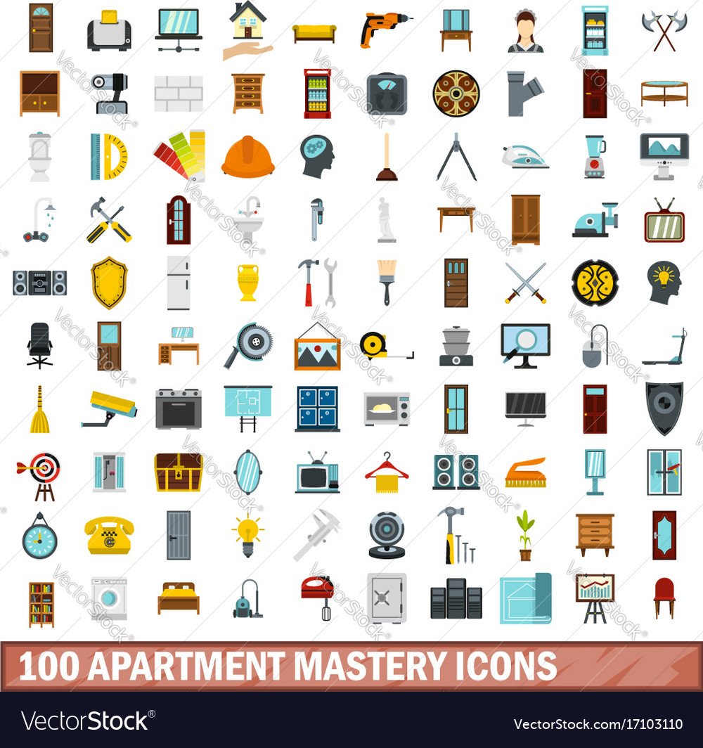 100 apartment mastery icons set flat style Vector Image