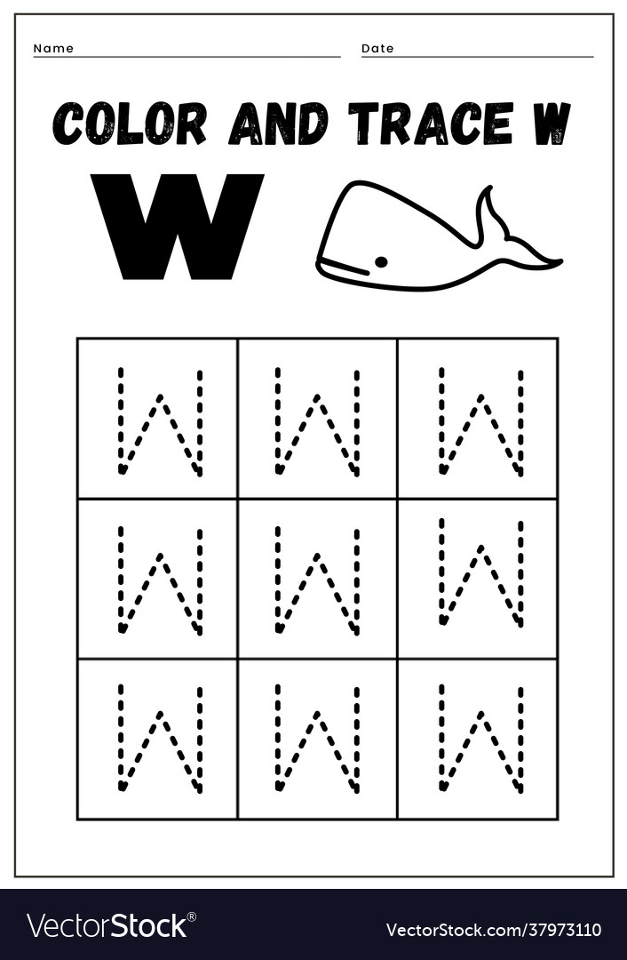 Color and trace alphabet w worksheet Royalty Free Vector