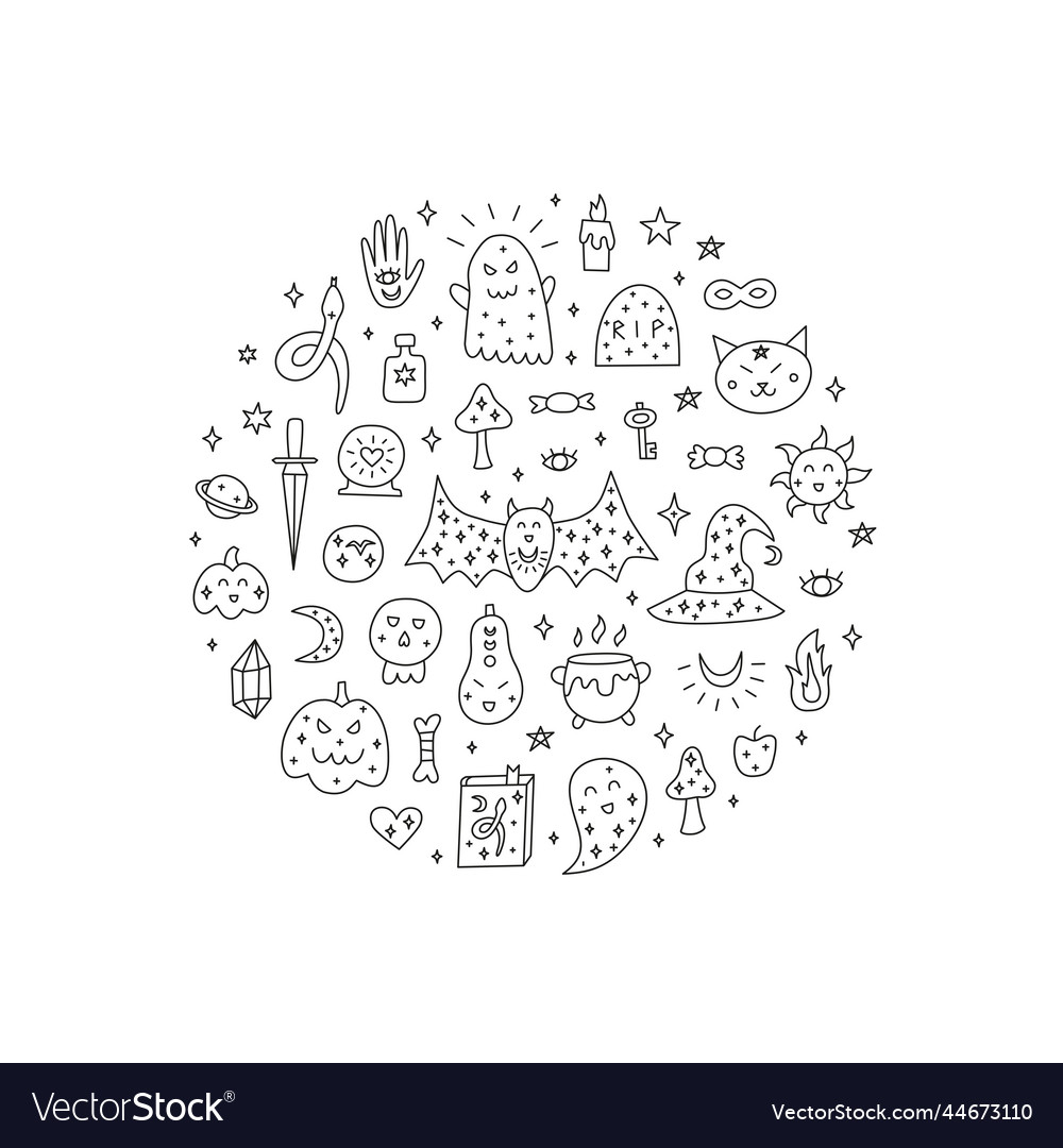 Doodle halloween icons composed in circle shape Vector Image