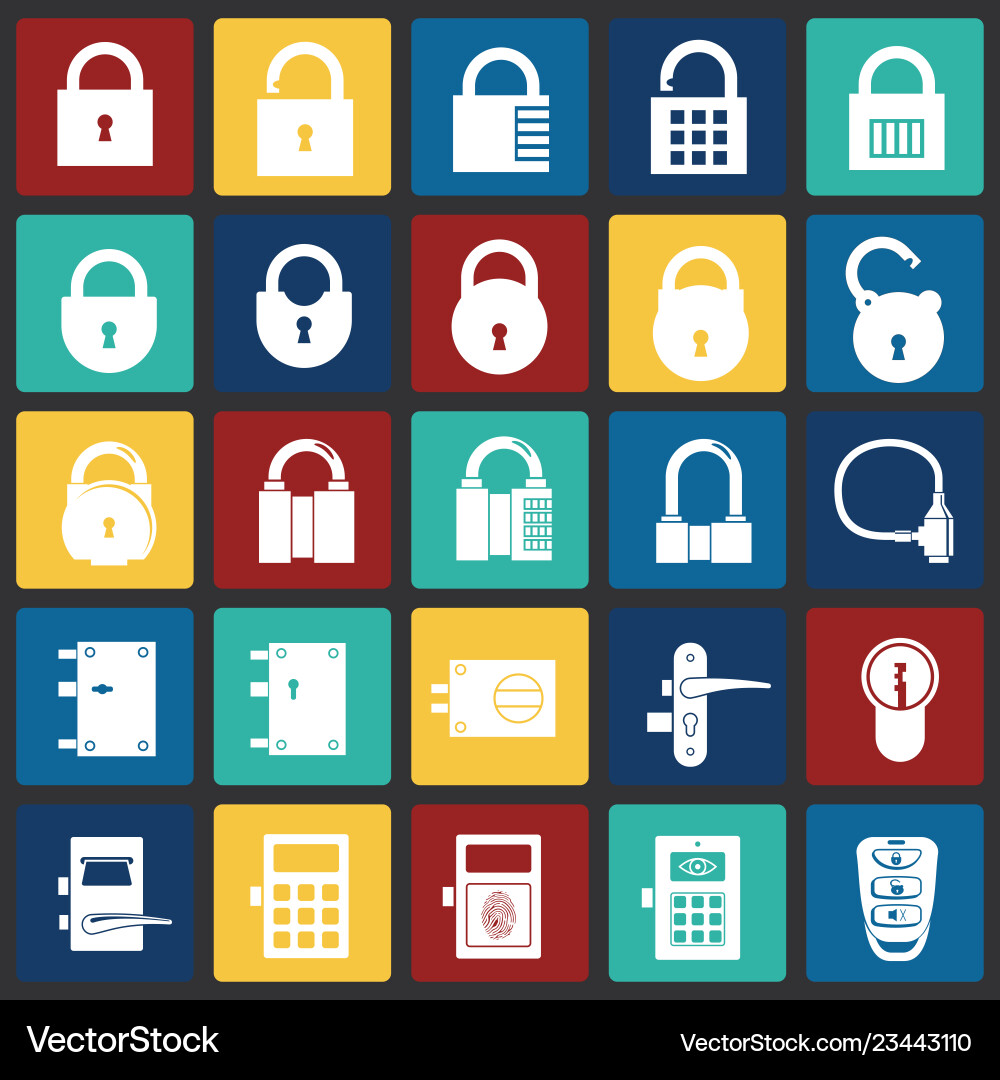 Lock icons set on color squares background Vector Image