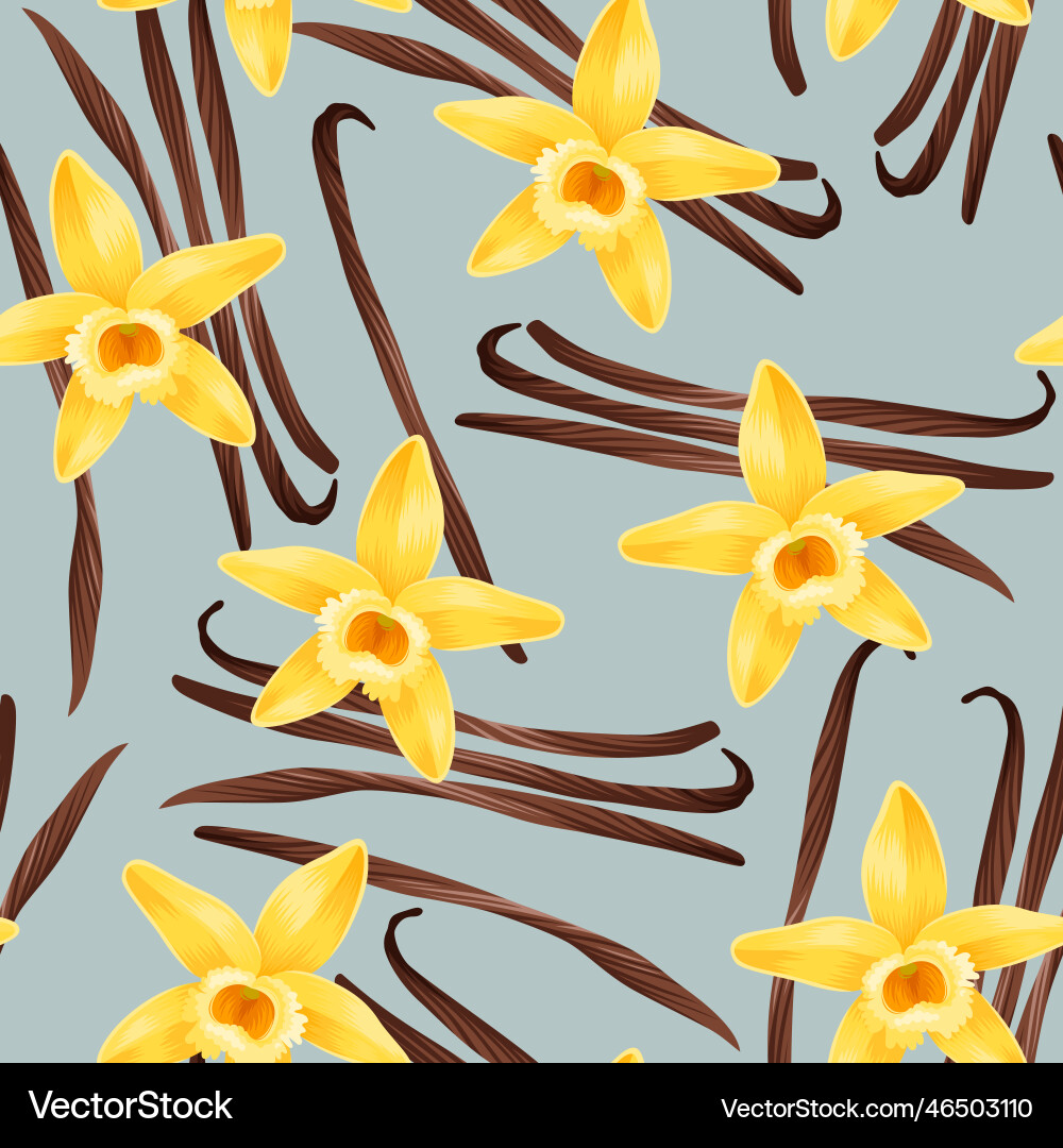 Seamless pattern with vanilla pods and flowers Vector Image