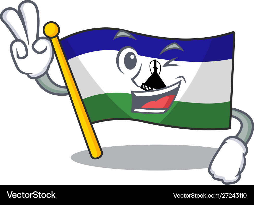 Two finger flag lesotho hoisted on cartoon pole Vector Image