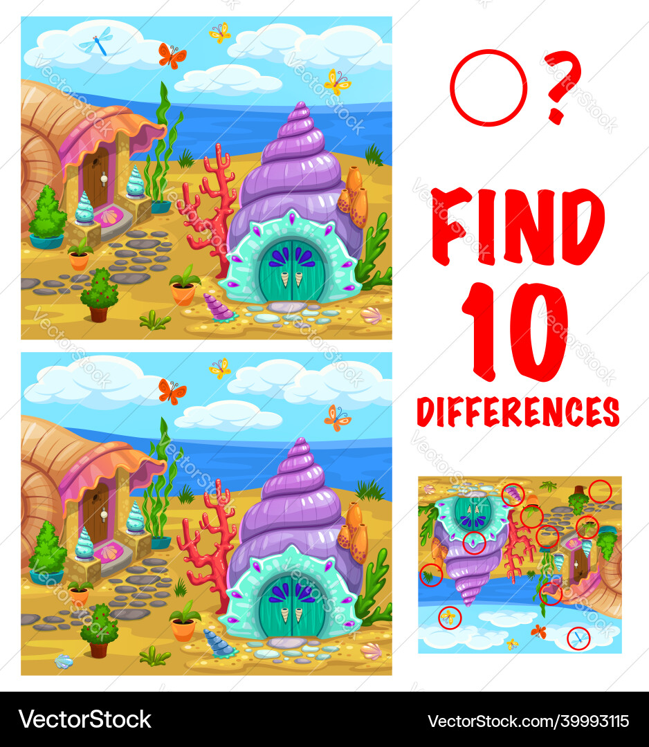 Find ten differences kids game with seashell house