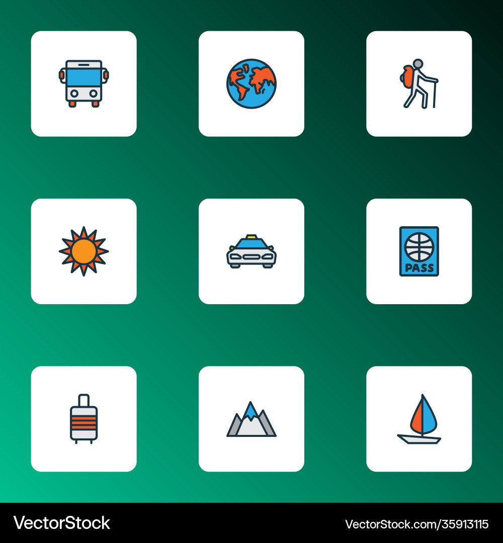 Journey icons colored line set with baggage Vector Image