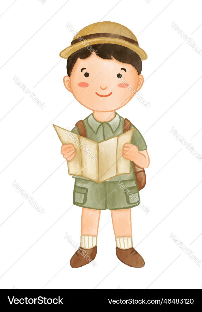 Boy scout with hiking suit hold map realistic Vector Image