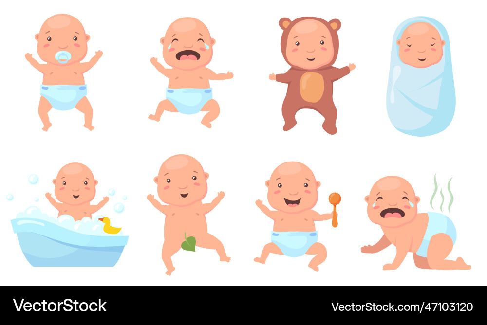 Cute babies in different poses flat pictures set Vector Image
