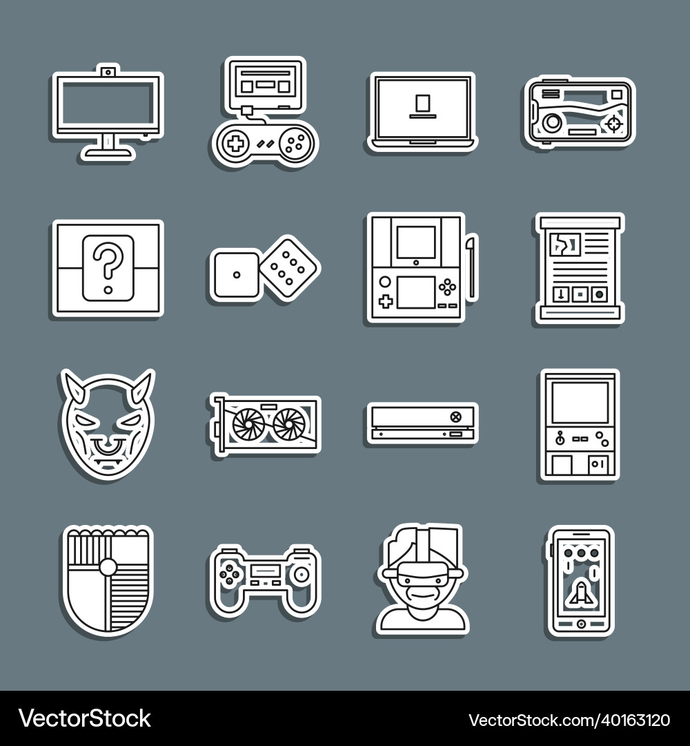 Set line mobile and playing in game retro arcade Vector Image