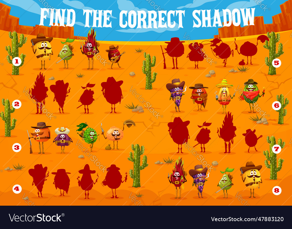 Shadow matching game cowboy fruit characters task Vector Image