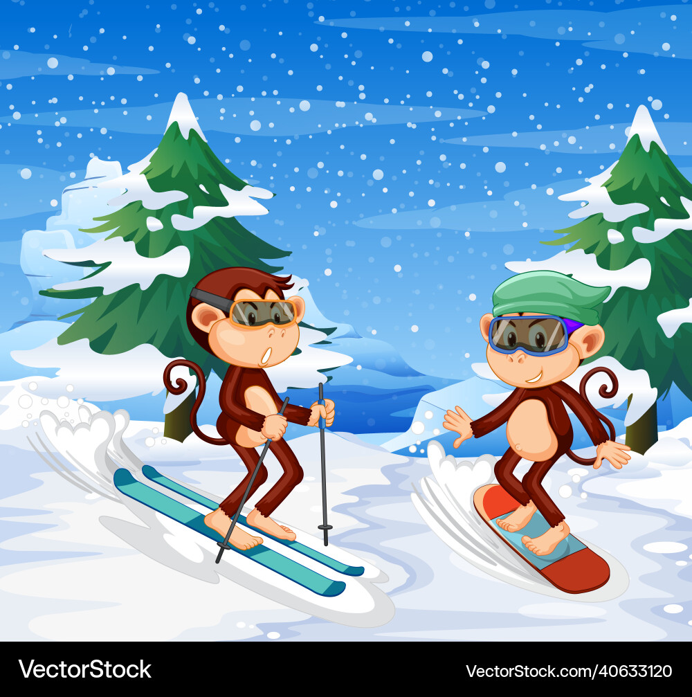 Snow scene with little monkeys skiing Royalty Free Vector