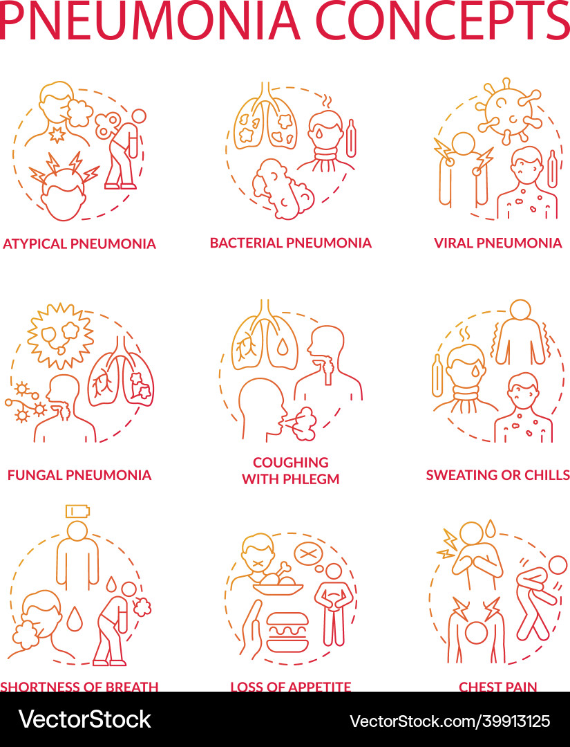 Pneumonia red gradient concept icons set Vector Image