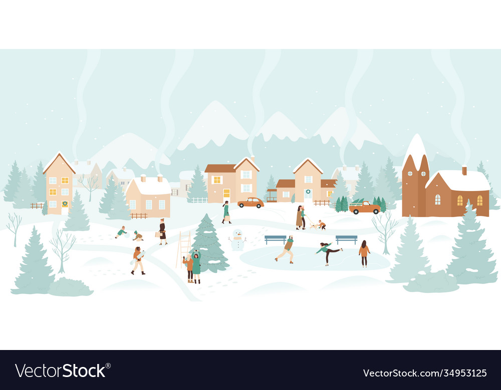 Winter village snow christmas landscape people Vector Image