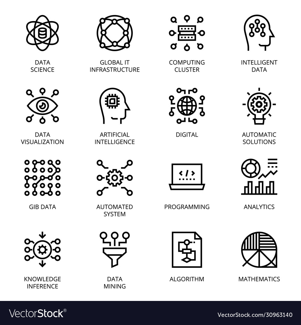 Data science filled line icons Royalty Free Vector Image
