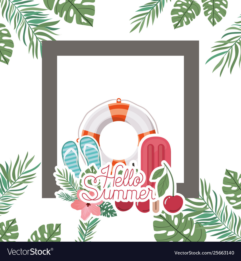Hello summer label with objects Royalty Free Vector Image