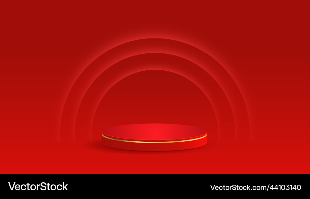 Red podium with glowing light semi circle backdrop