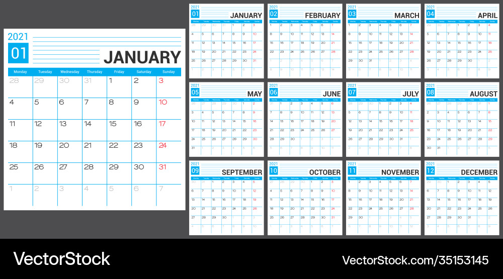 Calendar 2021 design template monthly planner Vector Image