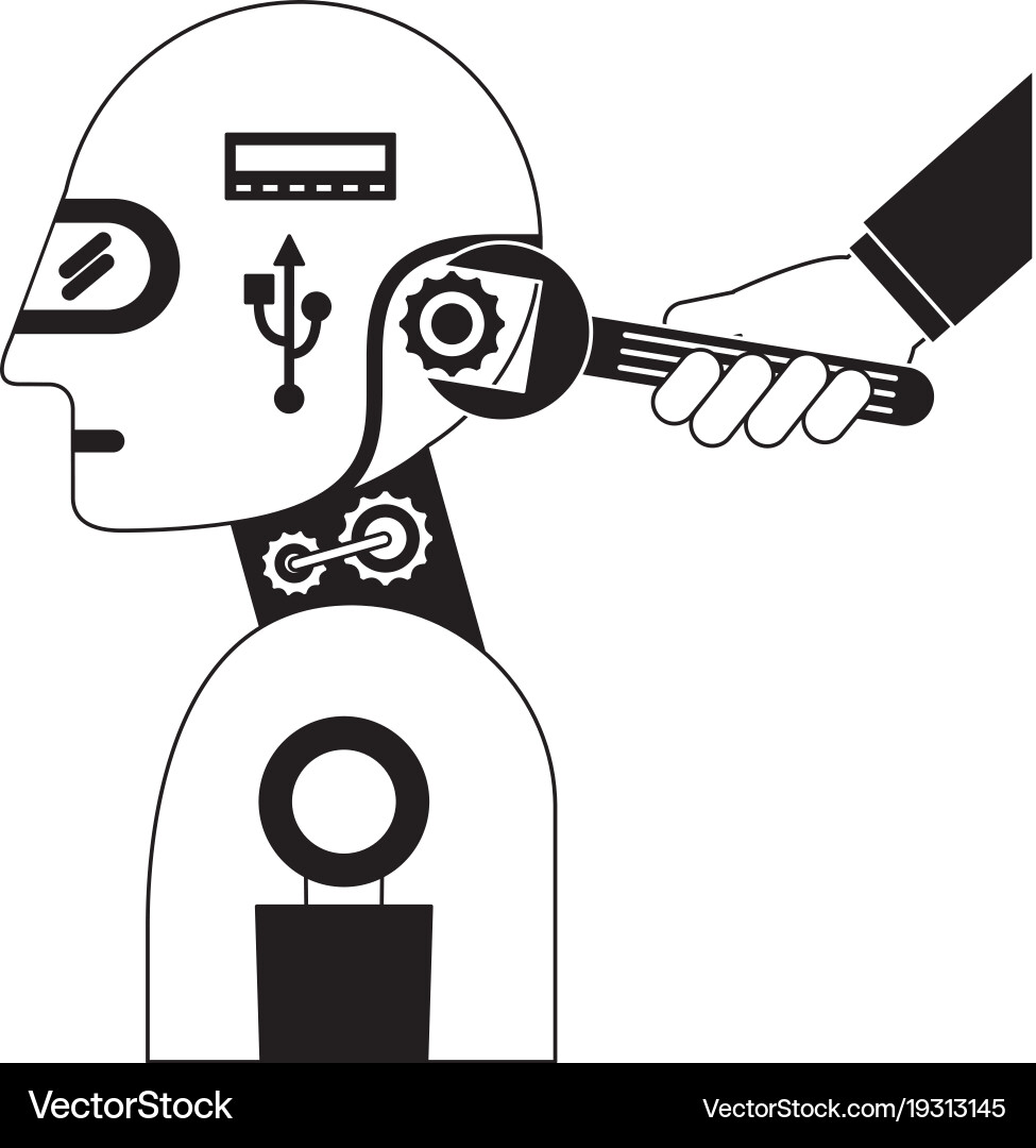 Humanoid robot profile with wrench and hand Vector Image