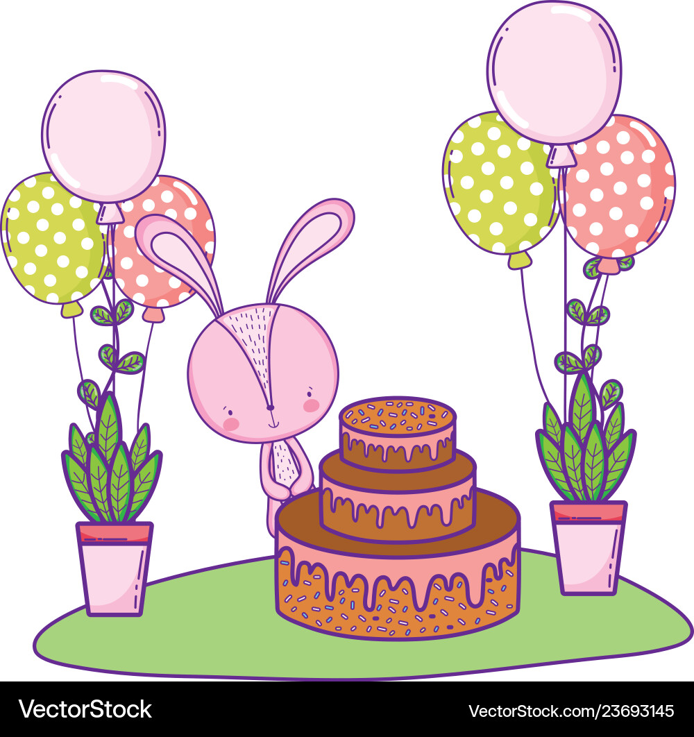 Rabbit with sweet cake and balloons Royalty Free Vector