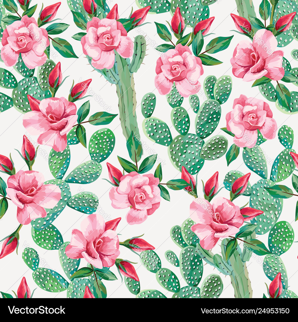 Roses and cactus seamless white background Vector Image