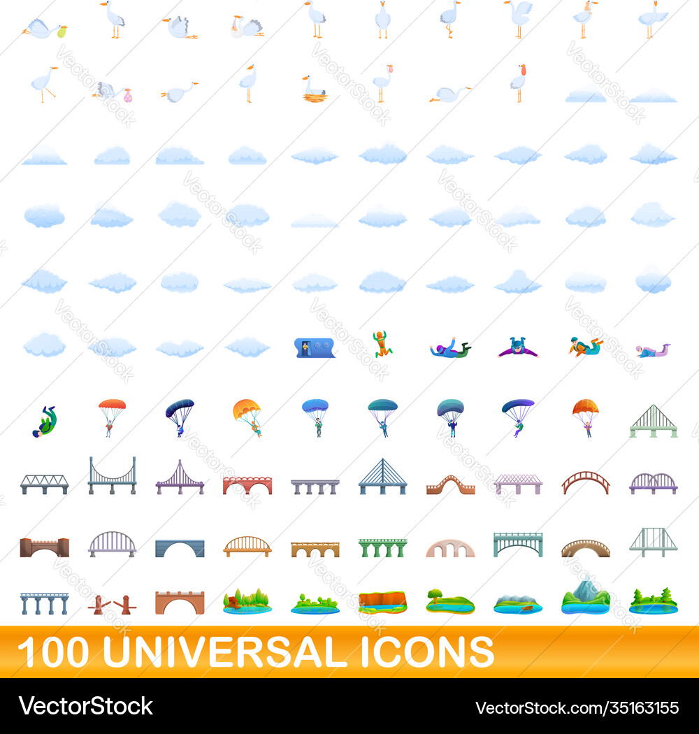 100 universal icons set cartoon style Royalty Free Vector
