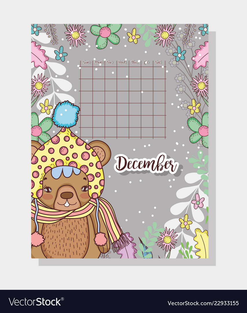 December calendar with cute bear animal Royalty Free Vector