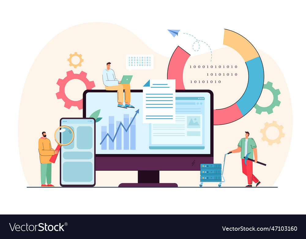 Tiny programmers in analysis process of data Vector Image