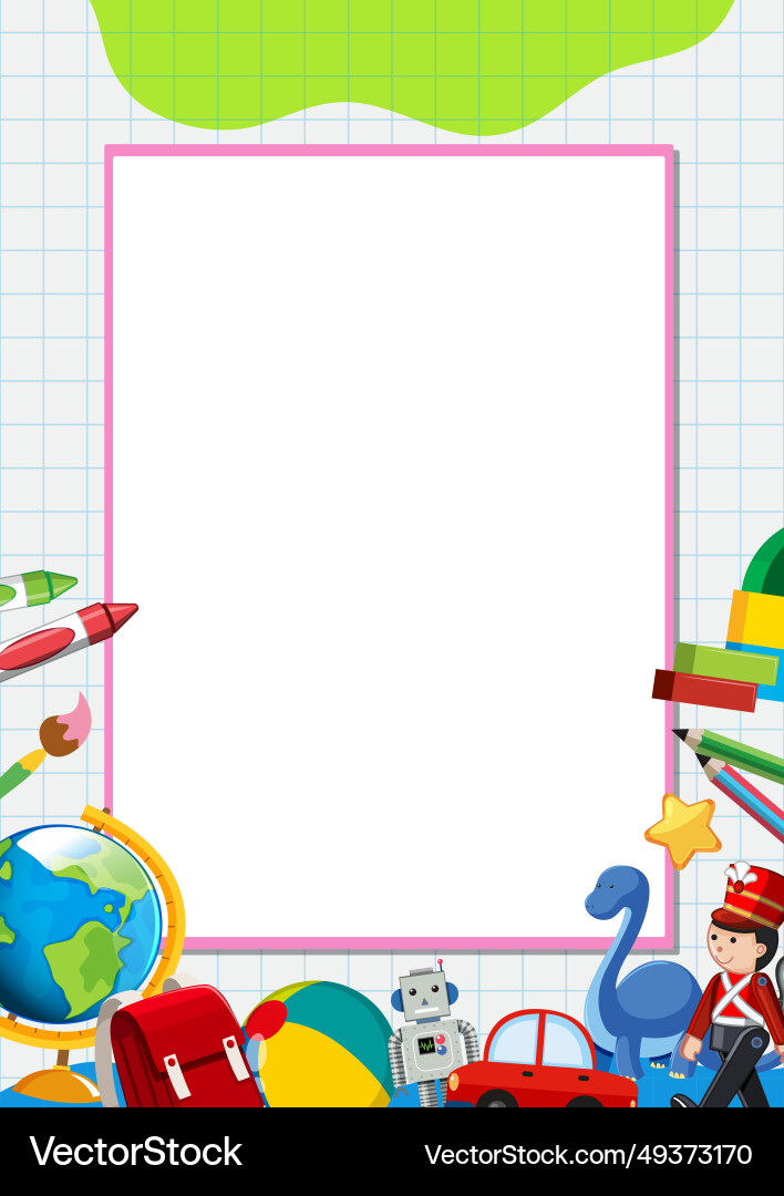Childrens toys on notebook lines border frame Vector Image