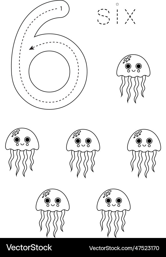 Flashcard number 6 preschool worksheet black Vector Image