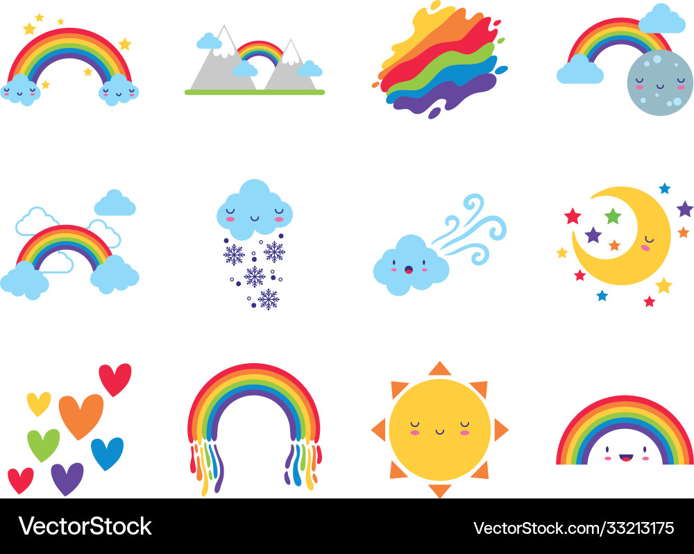 Bundle twelve rainbows and kawaii characters Vector Image