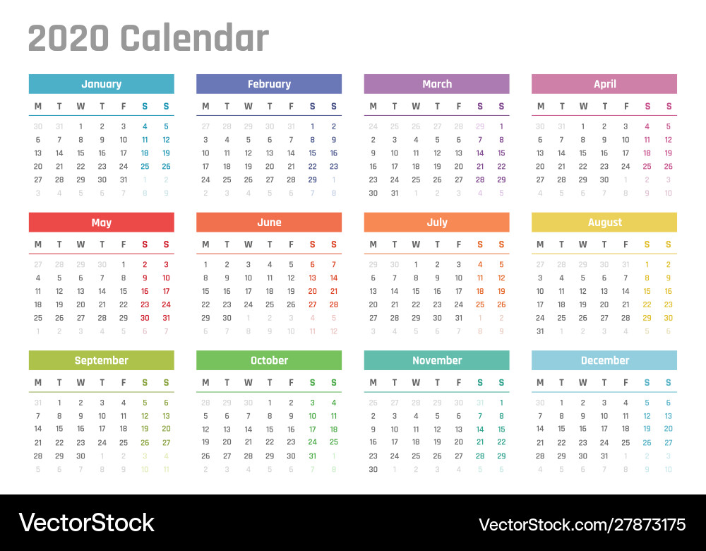 Calendar for 2020 starts monday Royalty Free Vector Image