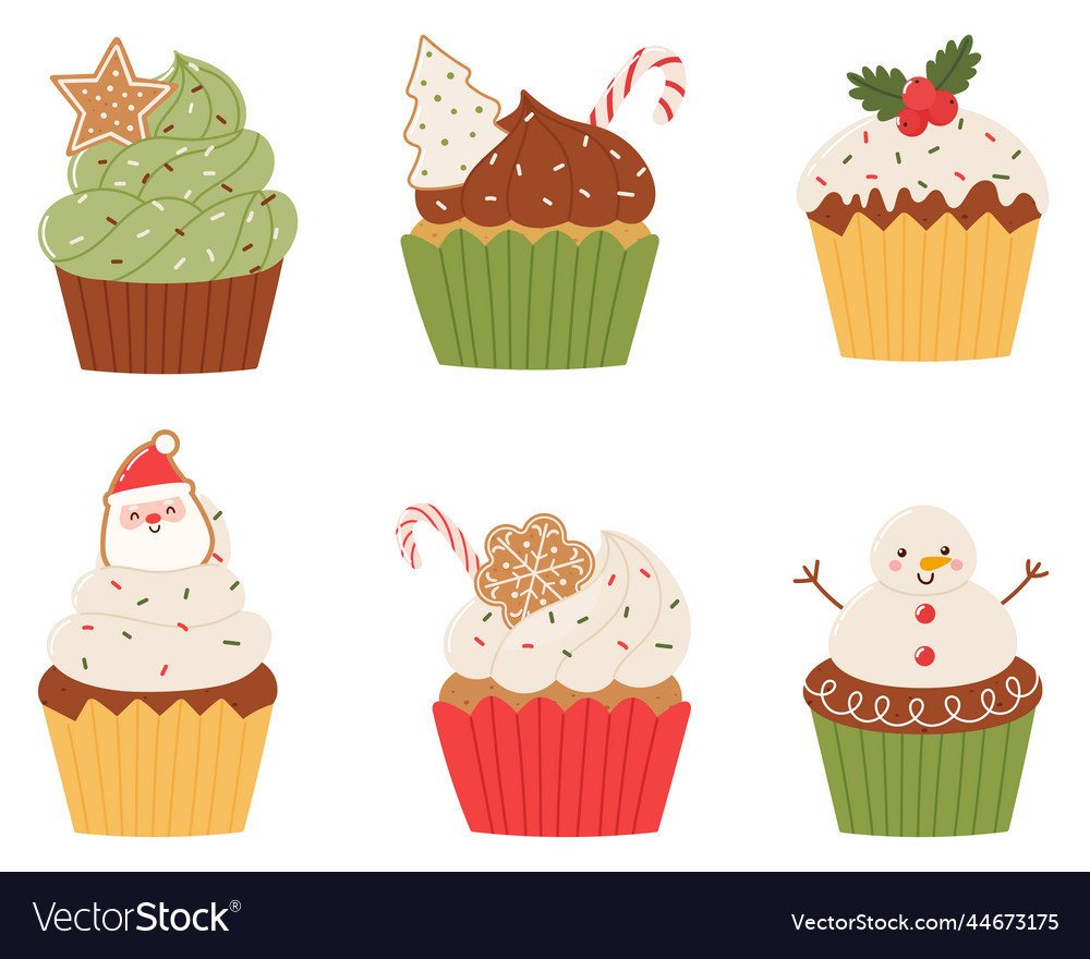 Christmas cupcakes set various holiday Royalty Free Vector