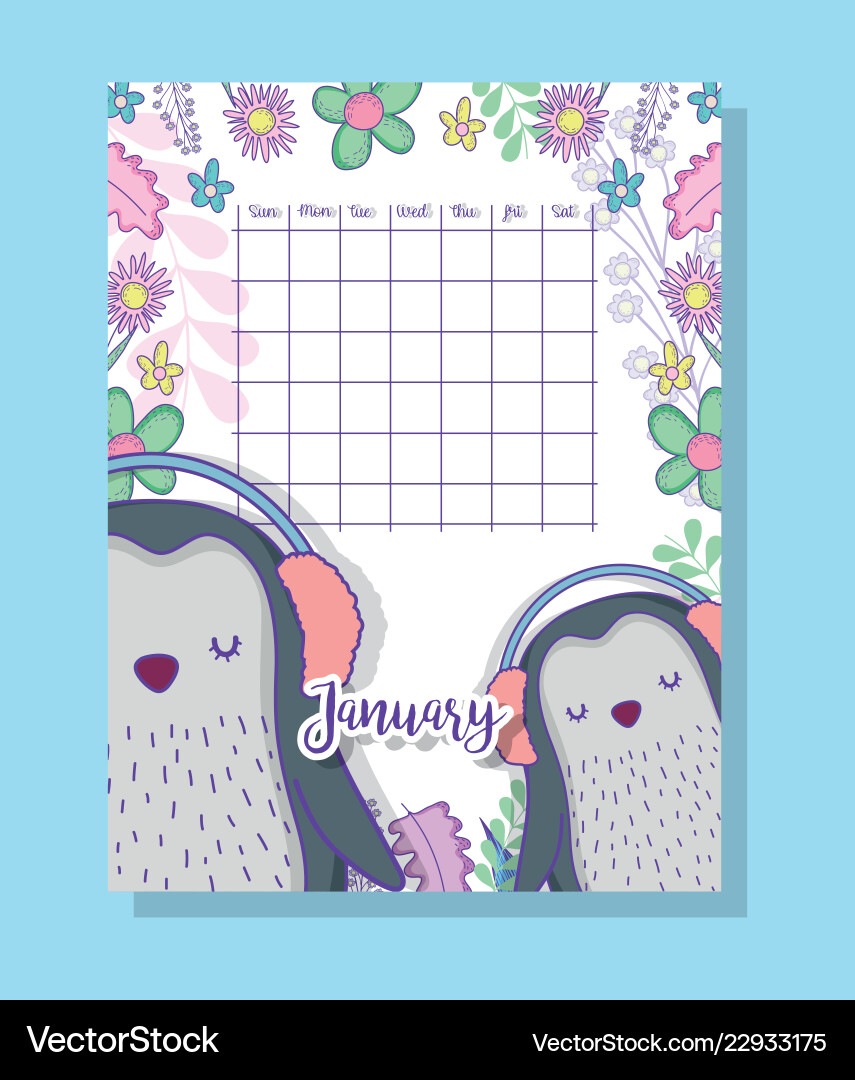 January calendar information with penguins Vector Image