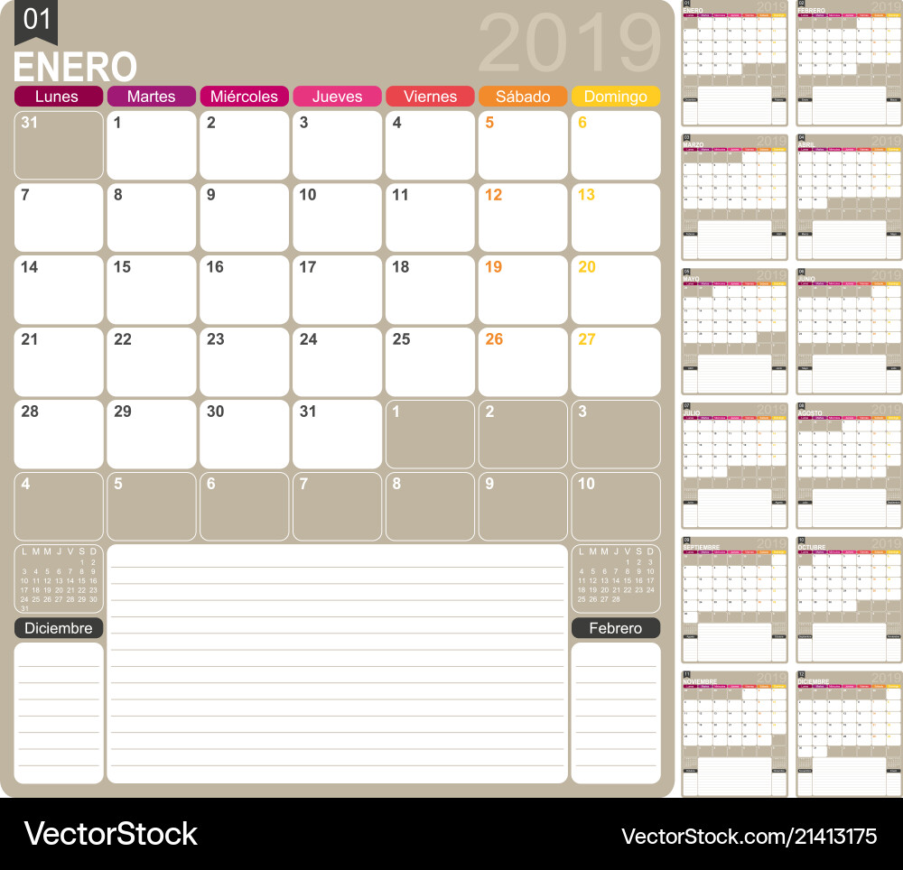 Spanish calendar 2019 Royalty Free Vector Image