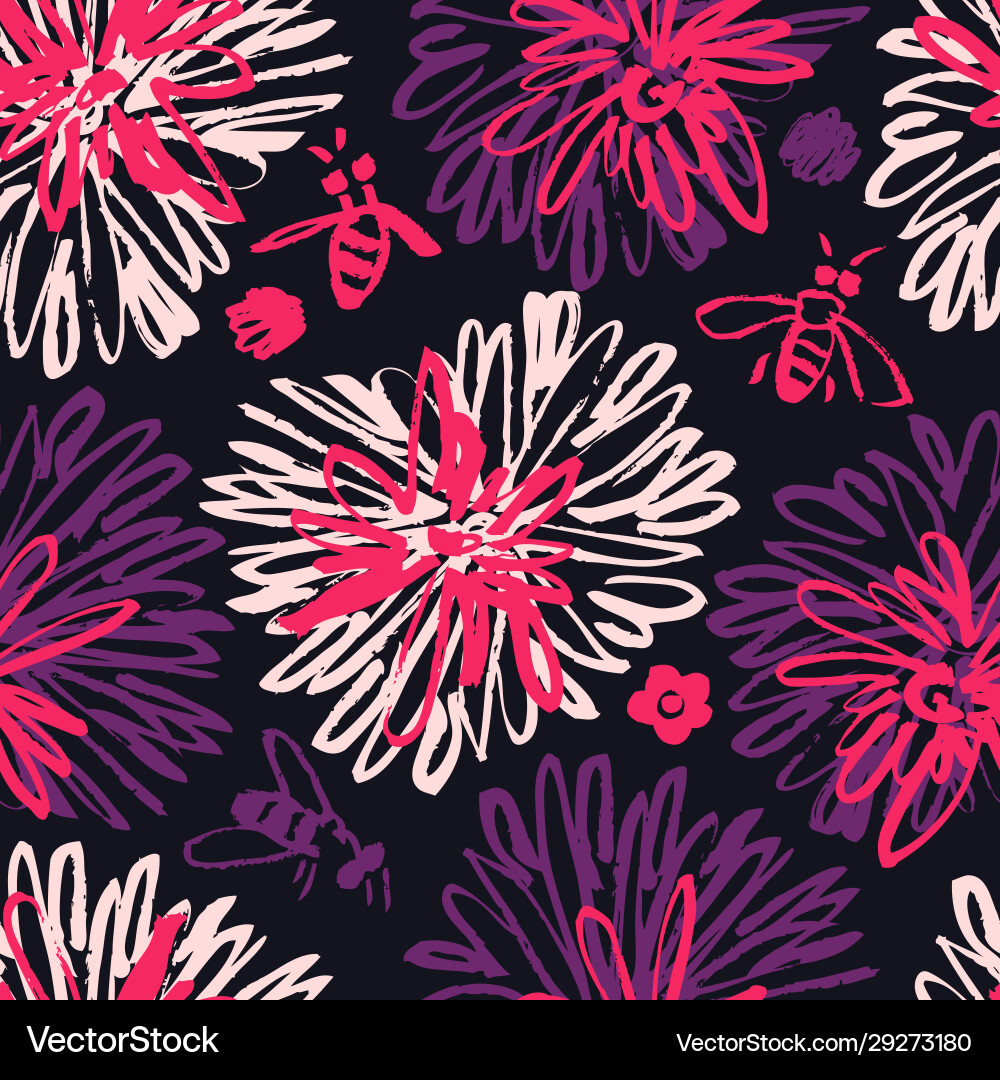 Pink and violet flowers and bees seamless pattern Vector Image